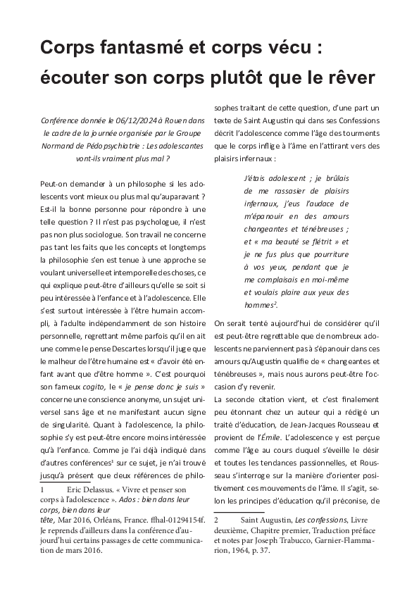 (PDF) Corps fantasmé et corps vécu : écouter son corps plutôt que le rêver