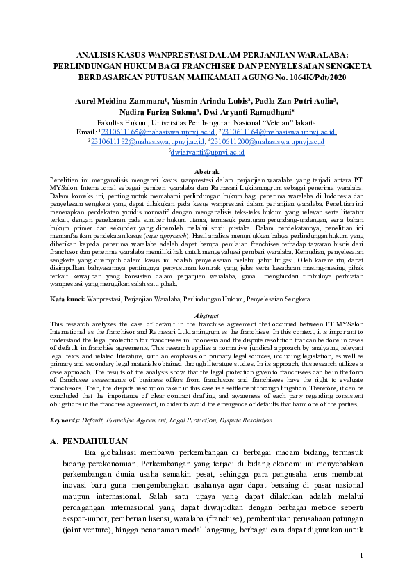 (PDF) ANALISIS KASUS WANPRESTASI DALAM PERJANJIAN WARALABA: PERLINDUNGAN HUKUM BAGI FRANCHISEE ...
