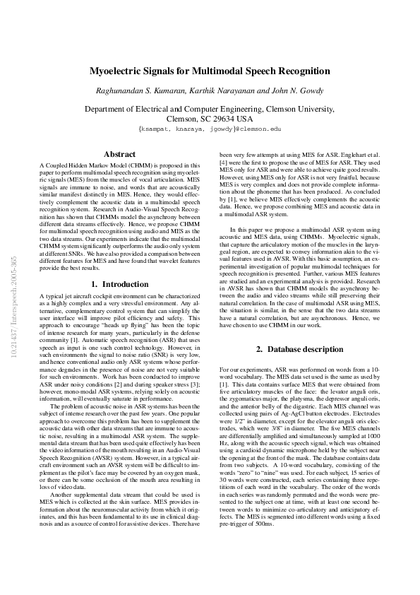 (PDF) Myoelectric signals for multimodal speech recognition