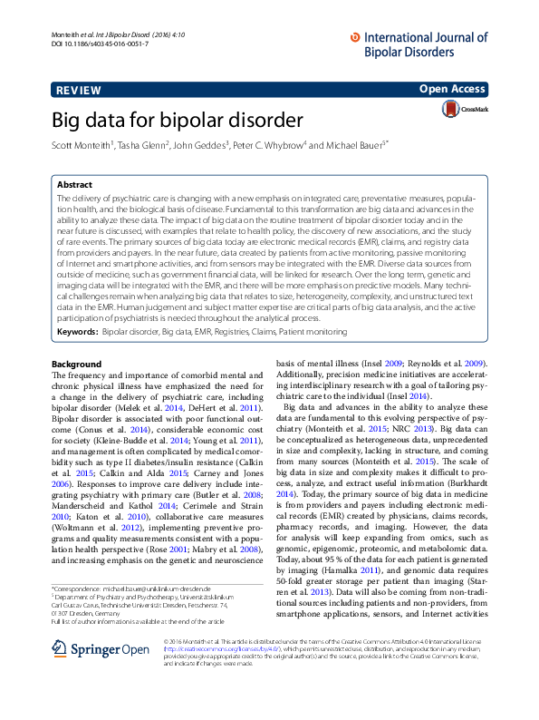 (PDF) Big data for bipolar disorder | Scott Monteith - Academia.edu