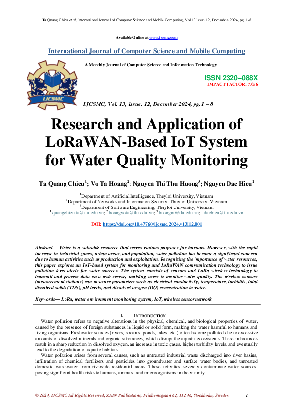 (PDF) Research and Application of LoRaWAN-Based IoT System for Water Quality Monitoring