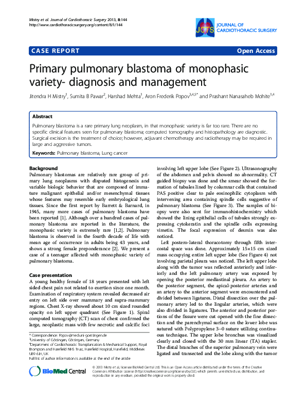 (PDF) Primary pulmonary blastoma of monophasic variety- diagnosis and ...