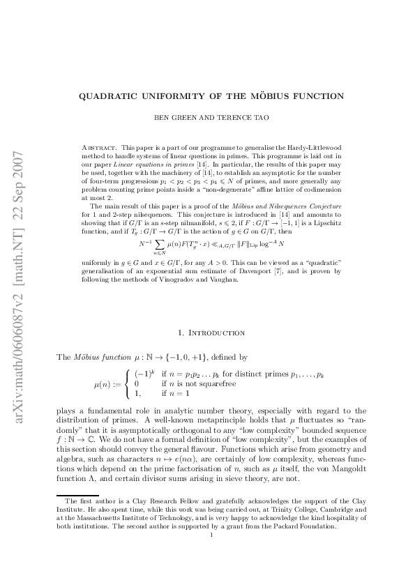 (PDF) Quadratic uniformity of the Möbius function | Oguzhan Ozen ...