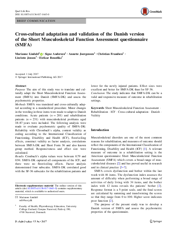 (PDF) Cross-cultural adaptation and validation of the Danish version of the Short ...