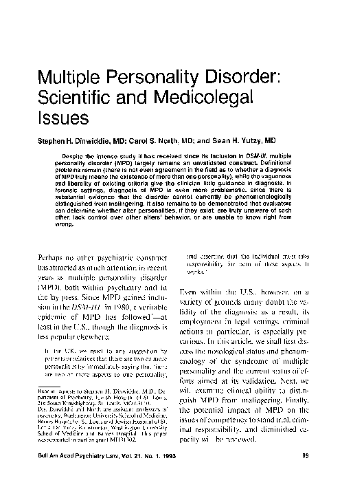 (PDF) Multiple personality disorder: scientific and medicolegal issues