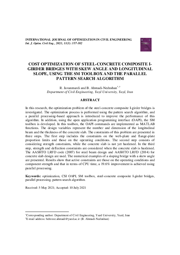 (PDF) COST OPTIMIZATION OF STEEL-CONCRETE COMPOSITE I-GIRDER BRIDGES WITH SKEW ANGLE AND ...
