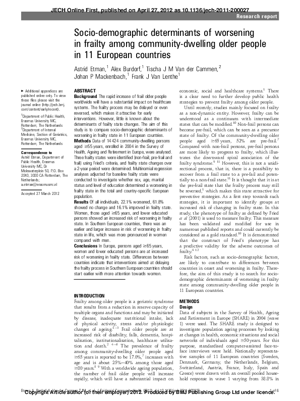 (PDF) Socio-demographic determinants of worsening in frailty among community-dwelling older ...