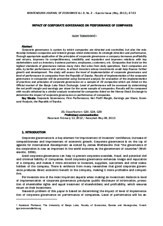 (PDF) Impact Of Corporate Governance On Performance Of Companies
