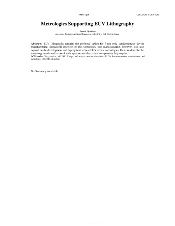 (PDF) Metrologies Supporting EUV Lithography