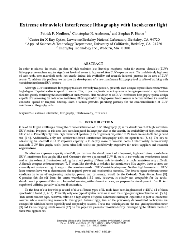 (PDF) Extreme ultraviolet interference lithography with incoherent light