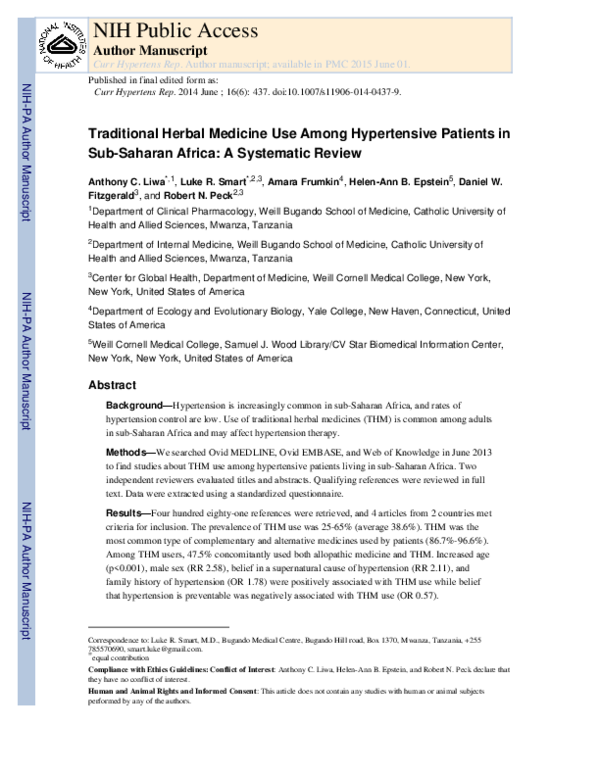 (PDF) Traditional Herbal Medicine Use Among Hypertensive Patients in Sub-Saharan Africa: A ...