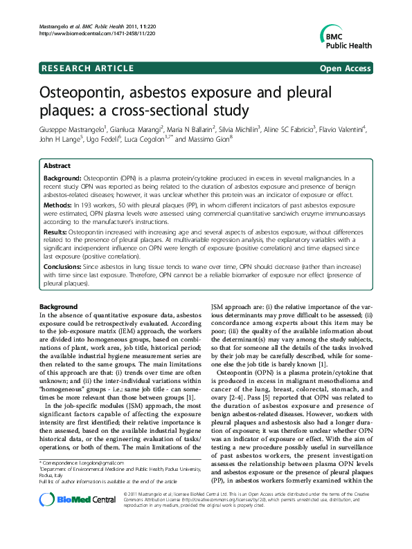 (PDF) Osteopontin, asbestos exposure and pleural plaques: a cross ...