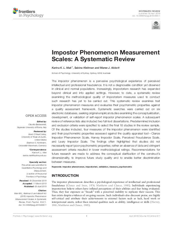 (PDF) Impostor Phenomenon Measurement Scales: A Systematic Review