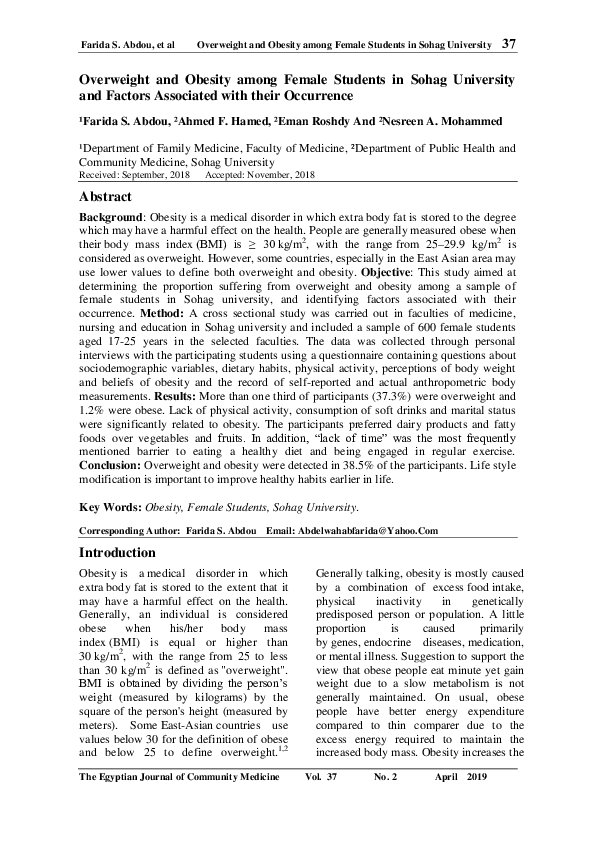 (PDF) Overweight and Obesity among Female Students in Sohag University ...