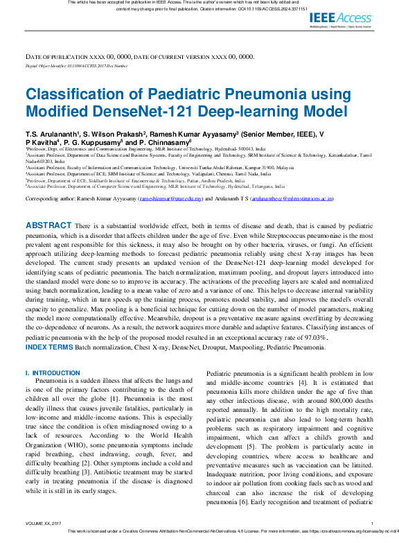 (PDF) Classification of Paediatric Pneumonia using Modified DenseNet-121 Deep-learning Model