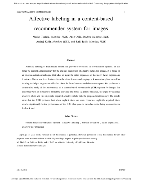 (PDF) Affective Labeling in a Content-Based Recommender System for Images
