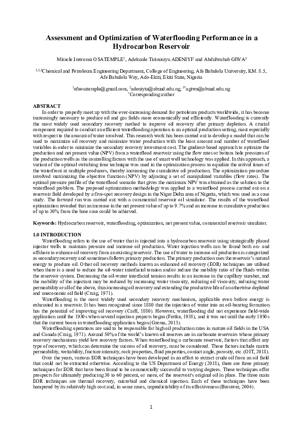(PDF) Assessment and Optimization of Waterflooding Performance in a Hydrocarbon Reservoir