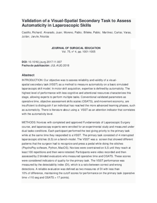 (PDF) Validation of a Visual-Spatial Secondary Task to Assess Automaticity in Laparoscopic Skills