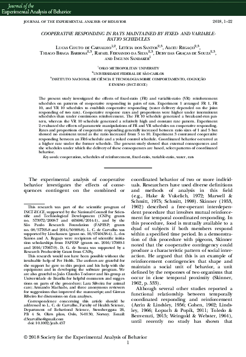 Pdf Cooperative Responding In Rats Maintained By Fixed And Variable 5774