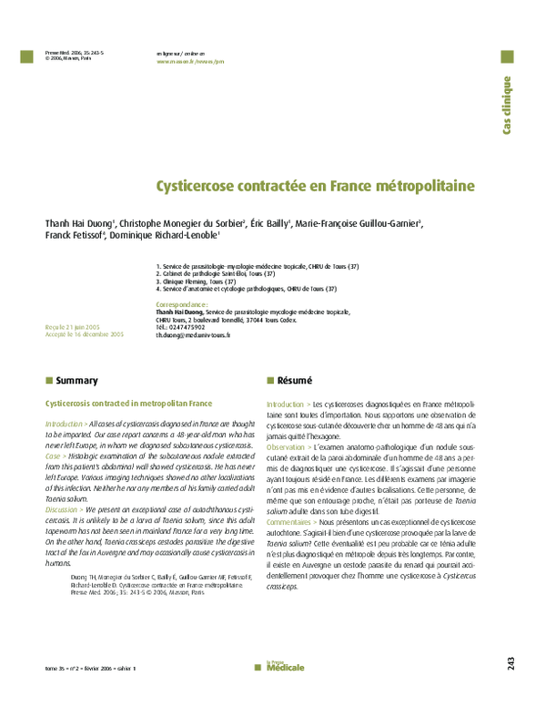 (PDF) Cysticercose contractée en France métropolitaine | Thanh Duong ...