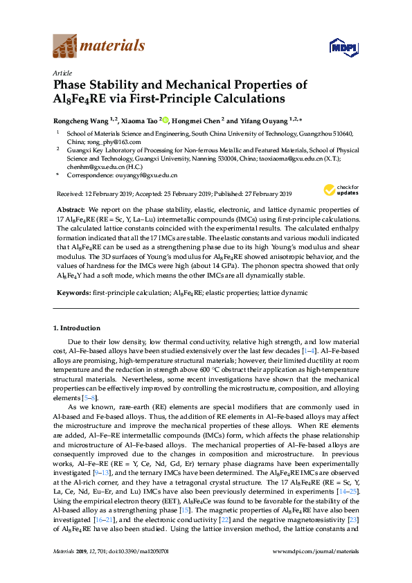(PDF) Phase Stability and Mechanical Properties of Al8Fe4RE via First-Principle Calculations
