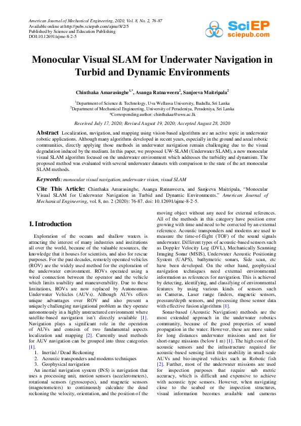 (PDF) Monocular Visual SLAM for Underwater Navigation in Turbid and Dynamic Environments