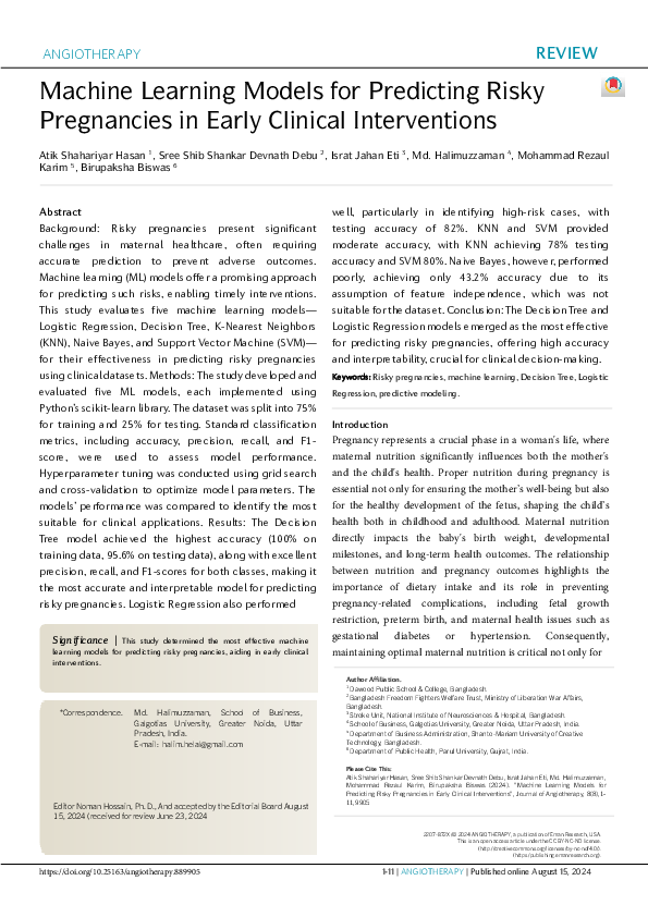 (PDF) Machine Learning Models for Predicting Risky Pregnancies in Early Clinical Interventions