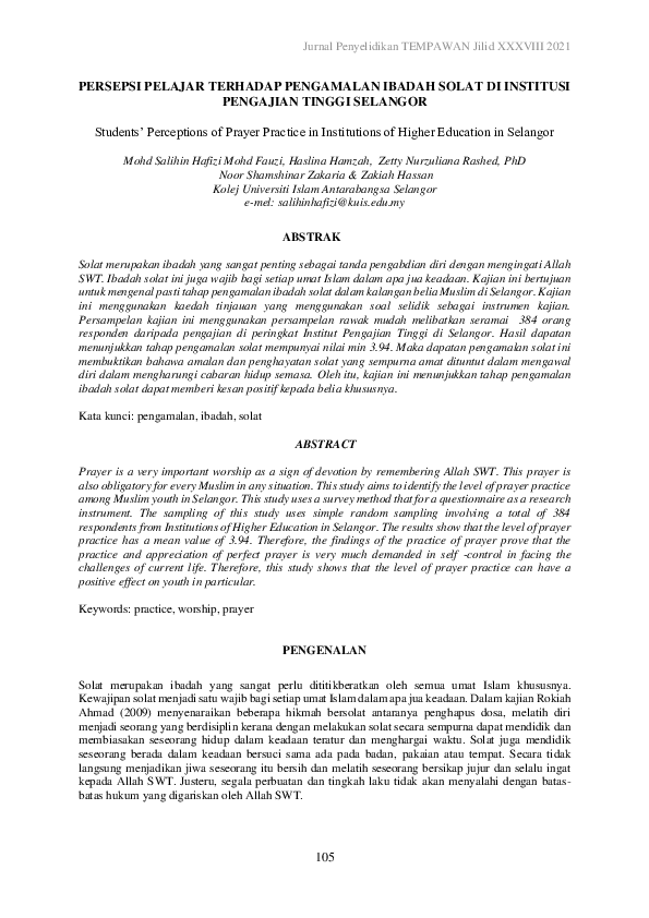 (PDF) Persepsi Pelajar Terhadap Pengamalan Ibadah Solat di Institusi Pengajian Tinggi Selangor