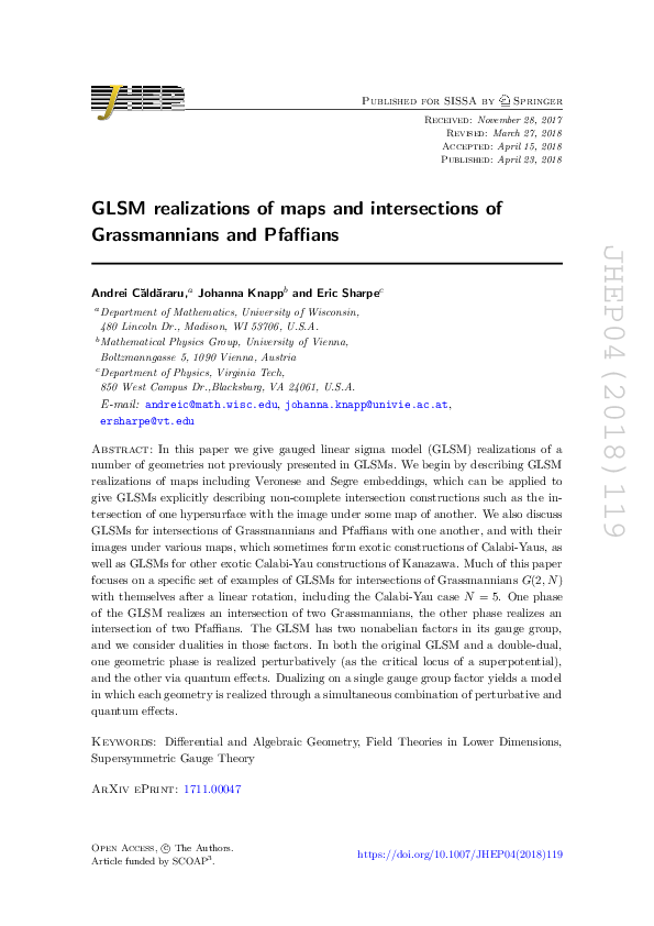 (PDF) GLSM realizations of maps and intersections of Grassmannians and ...