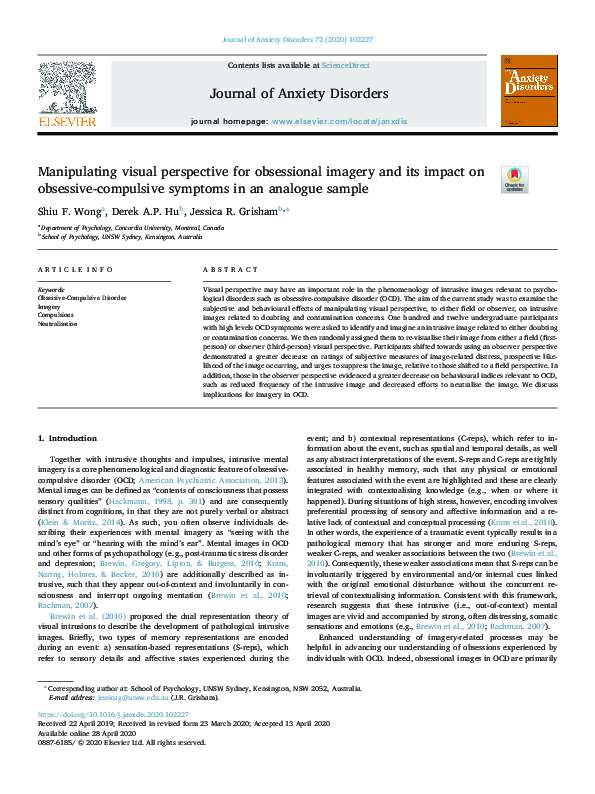 (PDF) Manipulating visual perspective for obsessional imagery and its ...