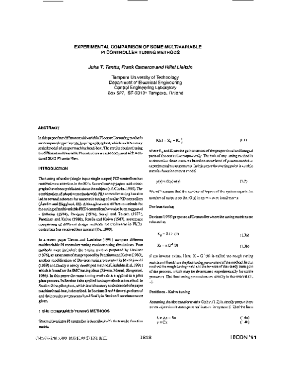 Pdf Experimental Comparison Of Some Multivariable Pi Controller Tuning Methods 1863