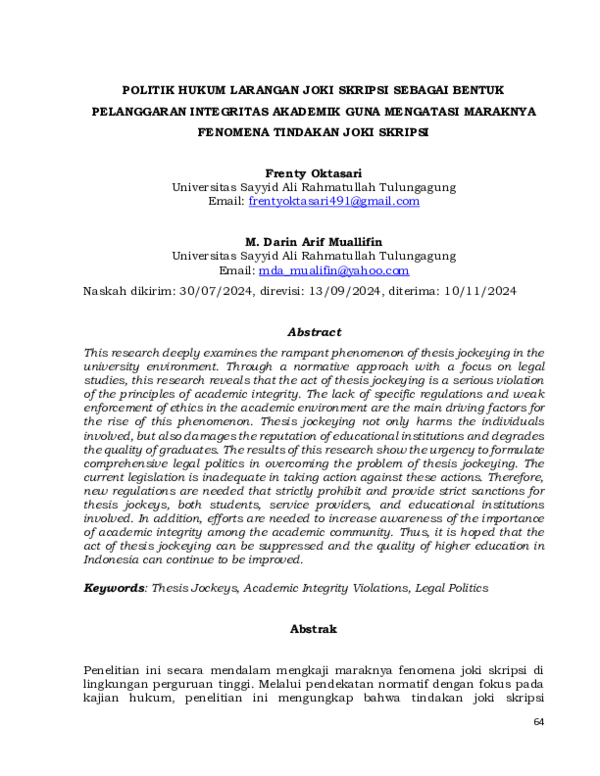 (PDF) POLITIK HUKUM LARANGAN JOKI SKRIPSI SEBAGAI BENTUK PELANGGARAN INTEGRITAS AKADEMIK GUNA ...