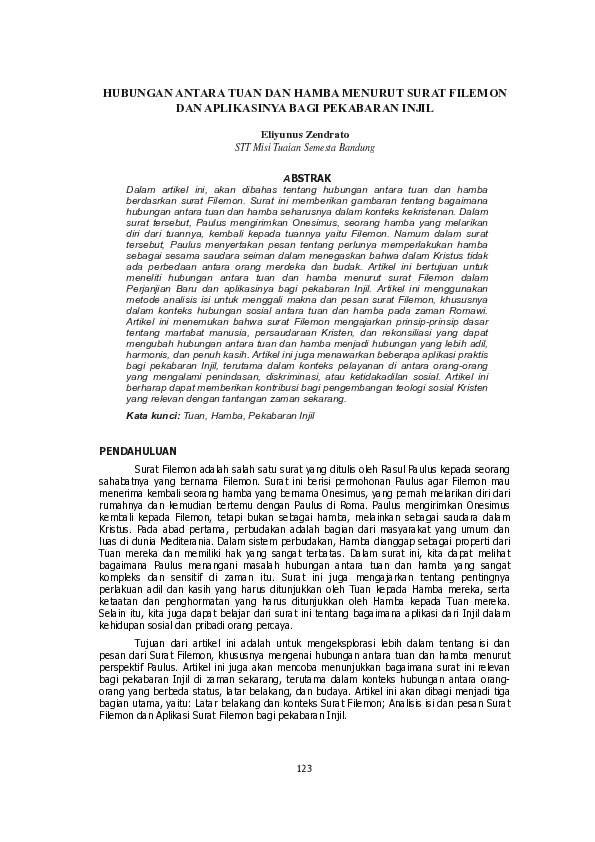 (PDF) HUBUNGAN ANTARA TUAN DAN HAMBA MENURUT SURAT FILEMON DAN ...