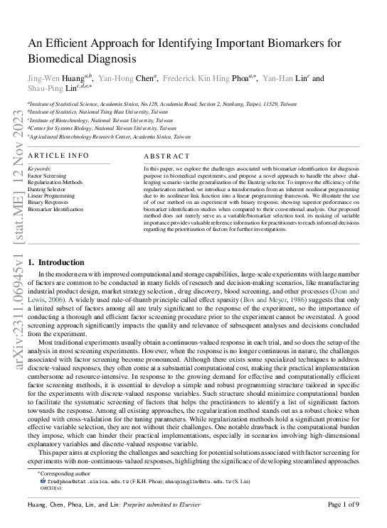 (PDF) An Efficient Approach for Identifying Important Biomarkers for Biomedical Diagnosis