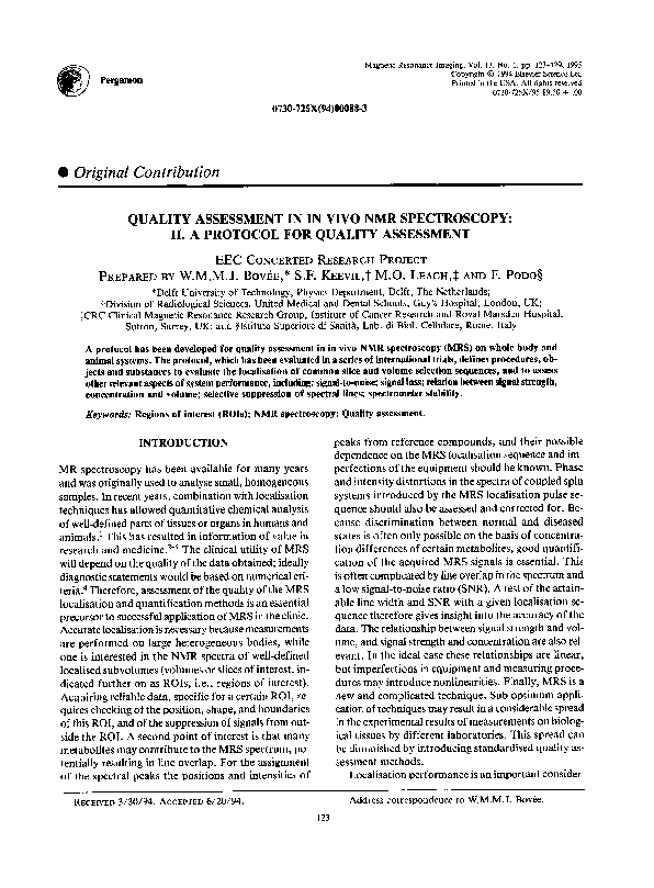 (PDF) Quality assessment in in vivo NMR spectroscopy: I. Introduction ...