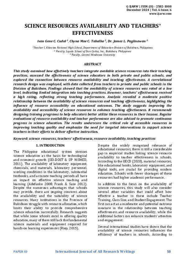 (PDF) SCIENCE RESOURCES AVAILABILITY AND TEACHERS' EFFECTIVENESS