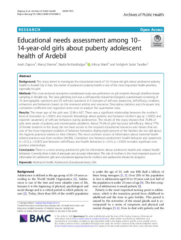 (PDF) Educational needs assessment among 10–14-year-old girls about ...