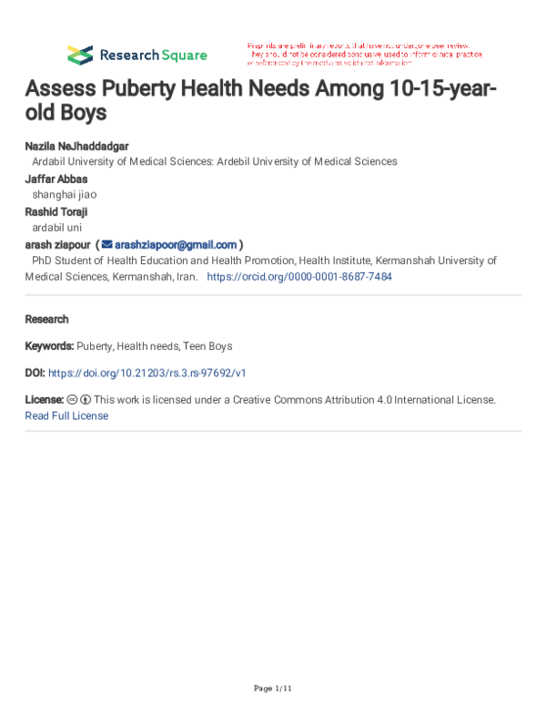 (PDF) Assess Puberty Health Needs Among 10-15-year-old Boys