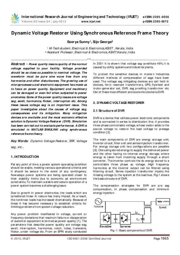 (PDF) Dynamic Voltage Restorer Using Synchronous Reference Frame Theory