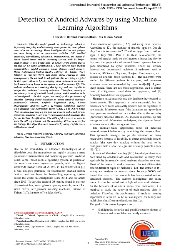 Pdf Detection Of Android Adwares By Using Machine Learning Algorithms