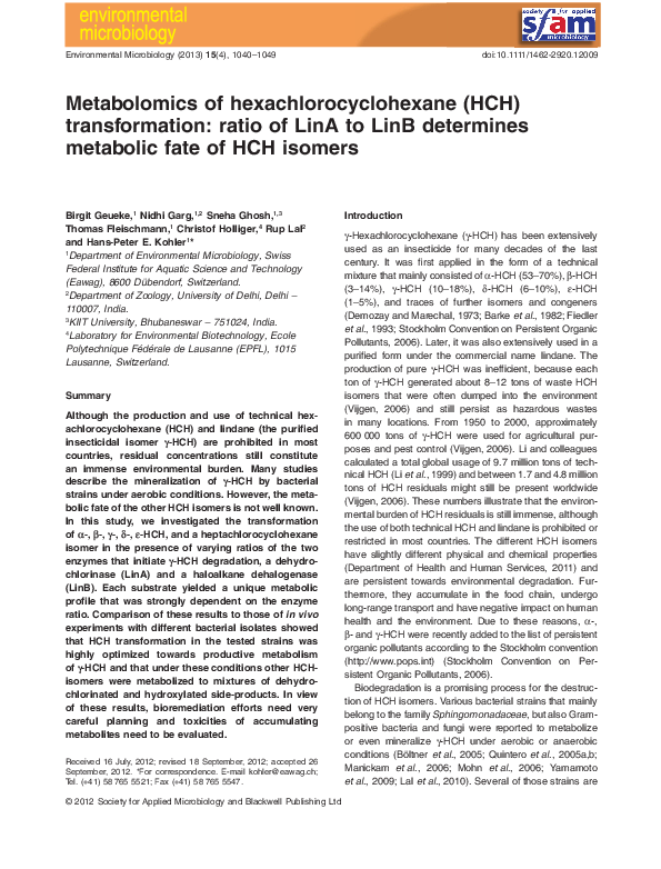 (PDF) Metabolomics of hexachlorocyclohexane (HCH) transformation: ratio ...