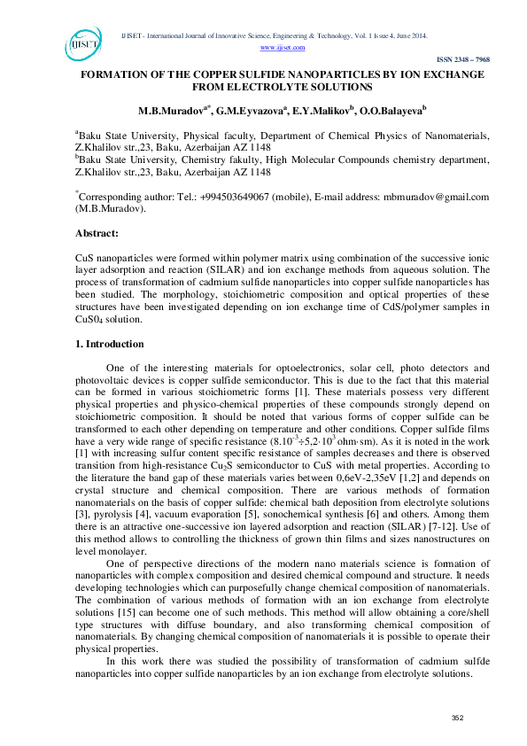 (PDF) Formation of the Copper Sulfide Nanoparticles by Ion Exchange from Electrolyte Solutions ...
