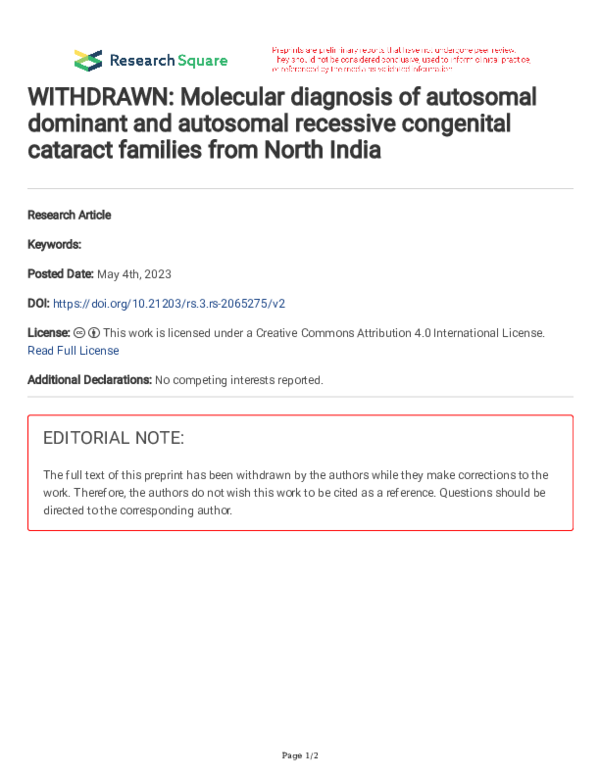 (PDF) Molecular diagnosis of autosomal dominant and autosomal recessive congenital cataract ...