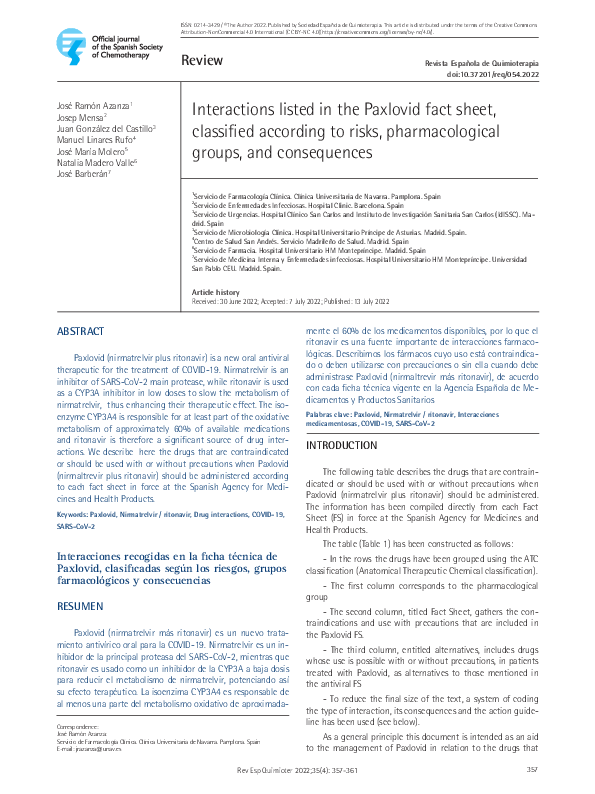(PDF) Interactions listed in the Paxlovid fact sheet, classified according to risks ...