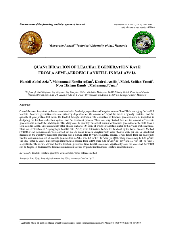 (PDF) Quantification of Leachate Generation Rate from a Semi-Aerobic ...