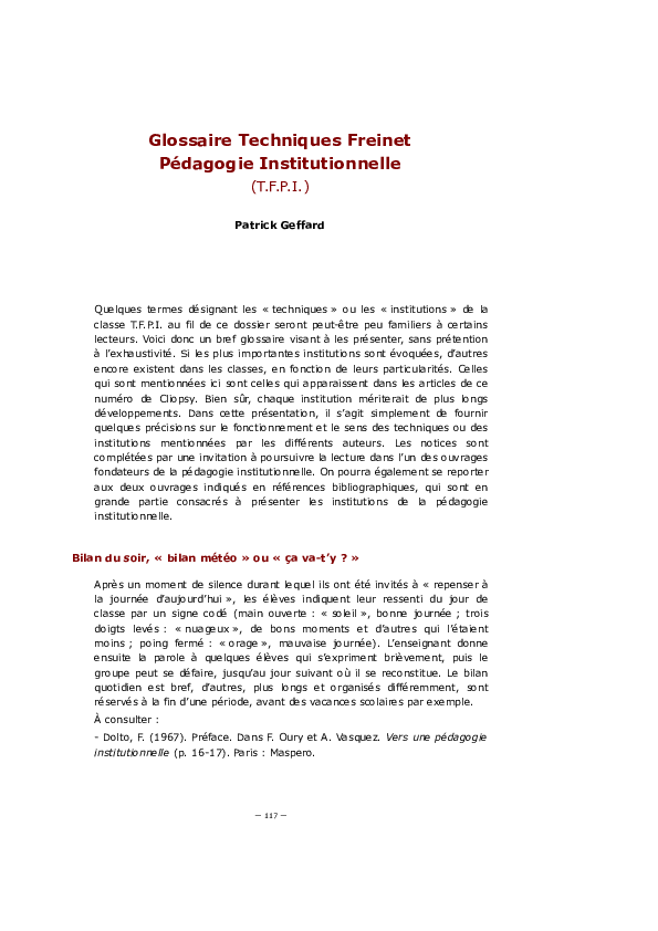 (PDF) Glossaire Techniques Freinet Pédagogie Institutionnelle