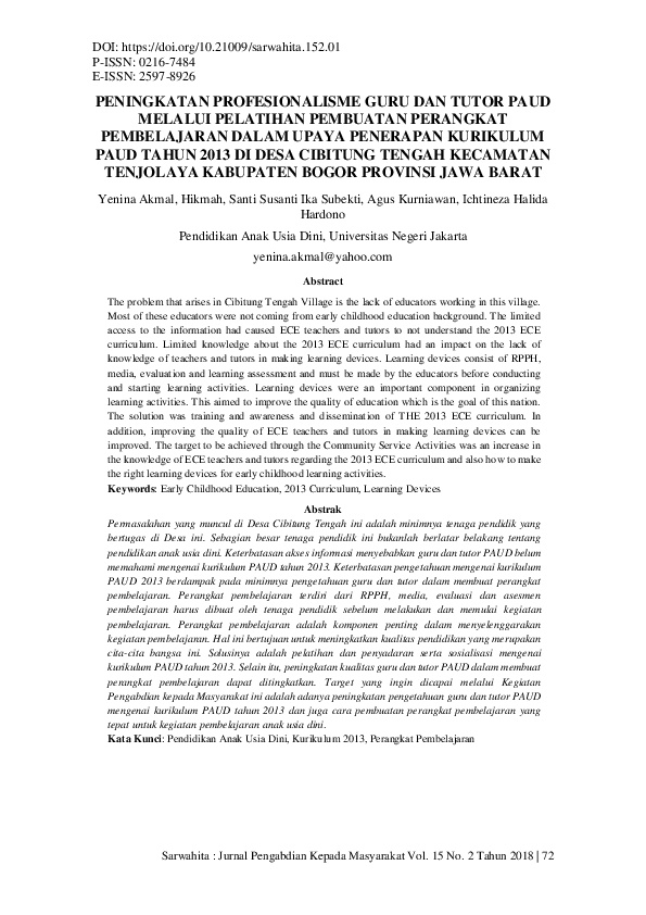 (PDF) Peningkatan Profesionalisme Guru Dan Tutor Paud Melalui Pelatihan Pembuatan Perangkat ...