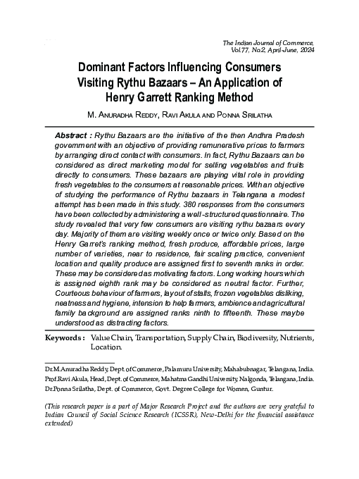 (PDF) Dominant Factors Influencing Consumers Visiting Rythu Bazaars ...