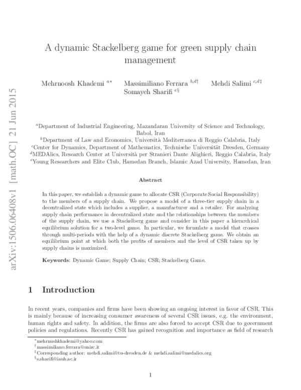 (PDF) A dynamic Stackelberg game for green supply chain management