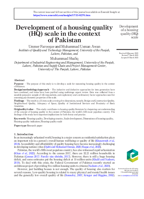 (PDF) Development of a housing quality (HQ) scale in the context of ...